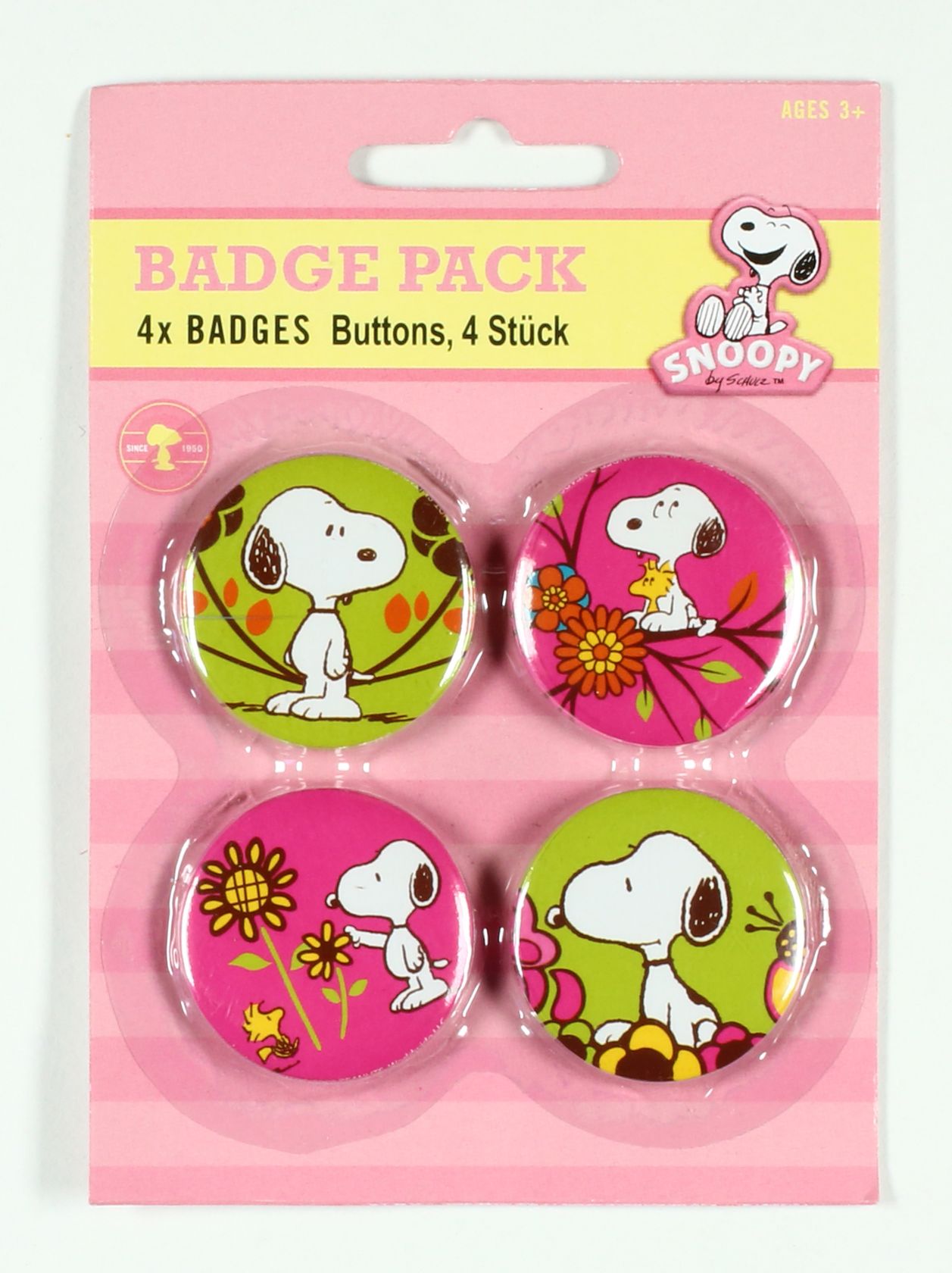Snoopy, 4 badges Snoopy dans la nature -fleurs (2ème version) - AKILON